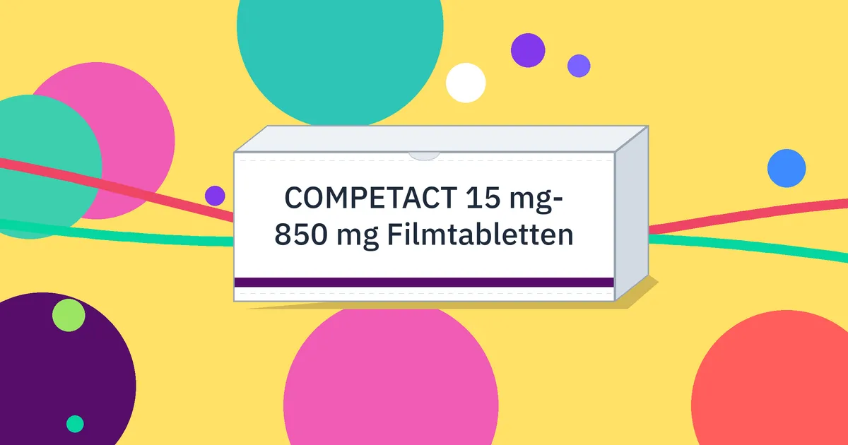 Symbolbild: Packung mit der Aufschrift COMPETACT 15 mg-850 mg Filmtabletten (PZN 10708303) – Verfügbarkeit und Bezug in Apotheken in Frankfurt am Main