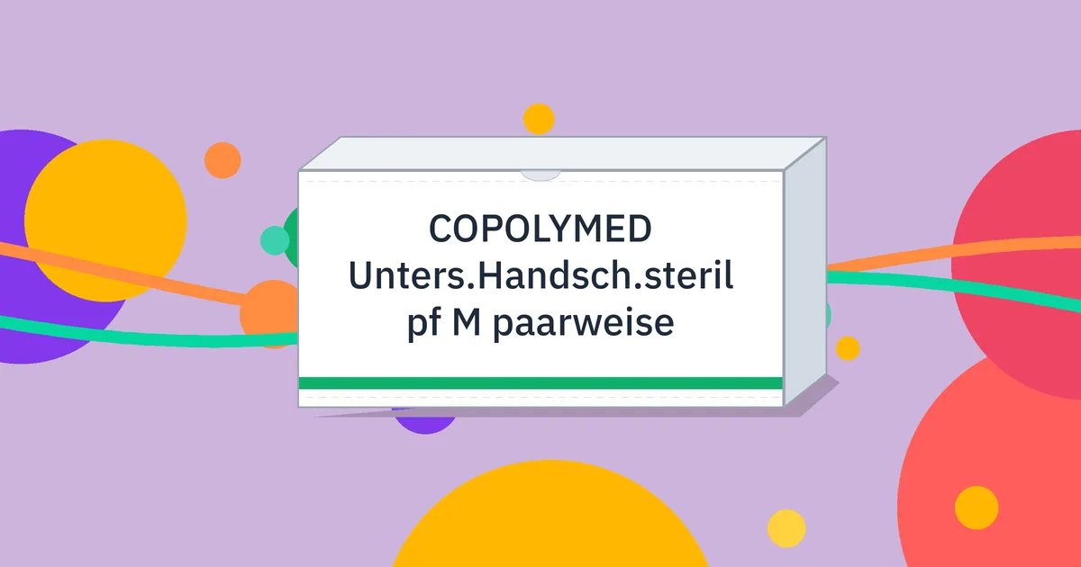 Symbolbild: Packung mit der Aufschrift COPOLYMED Unters.Handsch.steril pf M paarweise (PZN 13708663) – Verfügbarkeit und Bezug in Apotheken in Frankfurt am Main