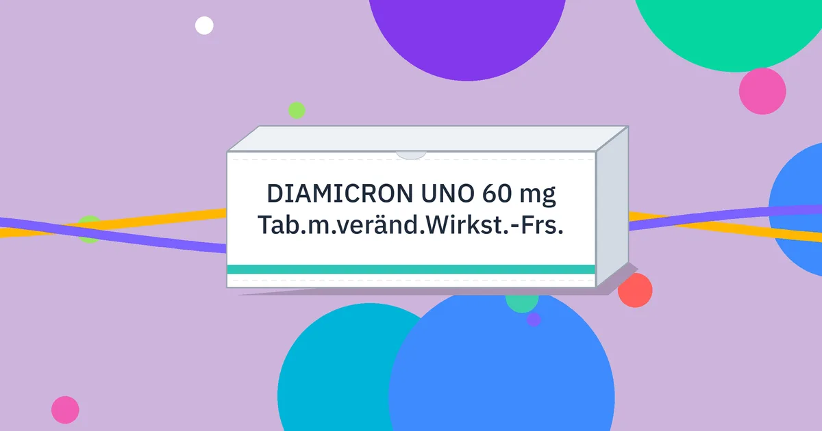 Symbolbild: Packung mit der Aufschrift DIAMICRON UNO 60 mg Tab.m.veränd.Wirkst.-Frs. (PZN 20162064) – Verfügbarkeit und Bezug in Apotheken in Frankfurt am Main