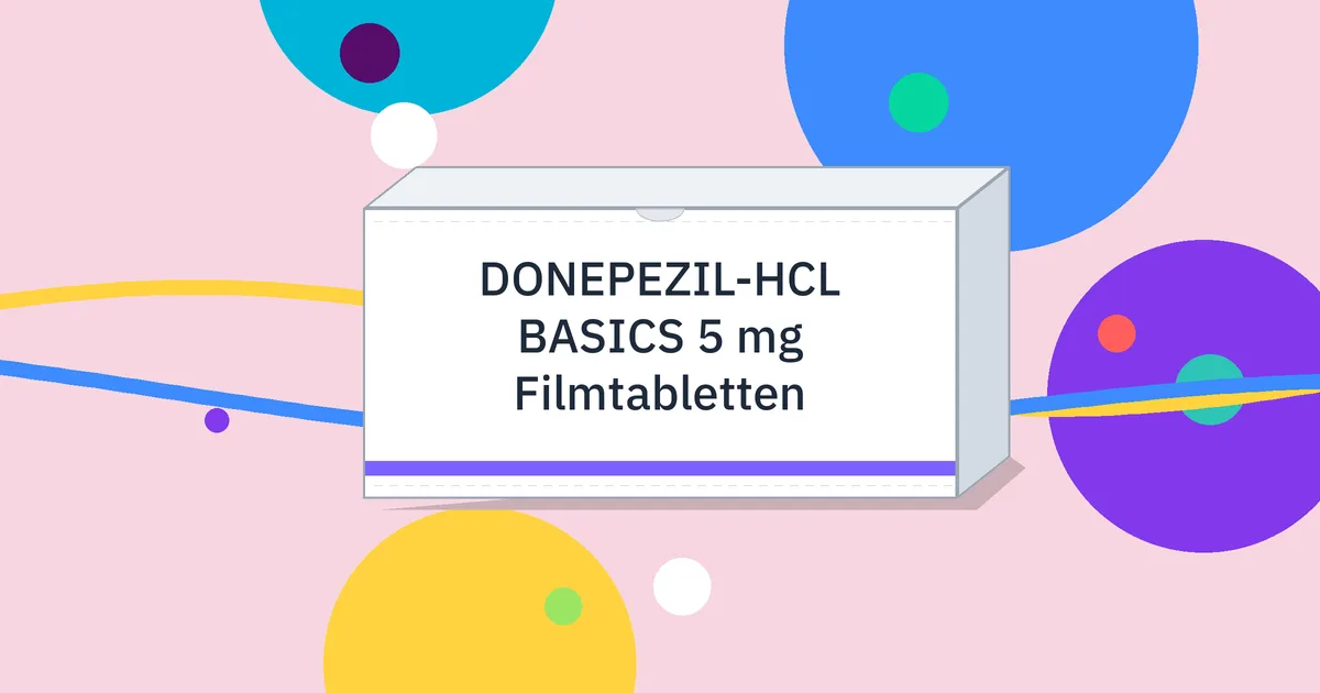Symbolbild: Packung mit der Aufschrift DONEPEZIL-HCL BASICS 5 mg Filmtabletten (PZN 08845286) – Verfügbarkeit und Bezug in Apotheken in Frankfurt am Main