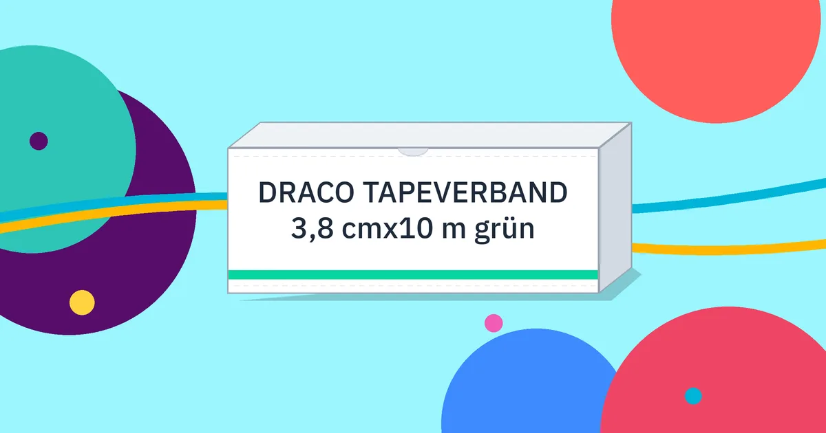 Symbolbild: Packung mit der Aufschrift DRACO TAPEVERBAND 3,8 cmx10 m grün (PZN 03060505) – Verfügbarkeit und Bezug in Apotheken in Frankfurt am Main