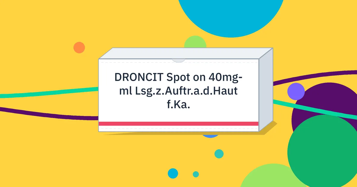 Symbolbild: Packung mit der Aufschrift DRONCIT Spot on 40mg-ml Lsg.z.Auftr.a.d.Haut f.Ka. (PZN 10116413) – Verfügbarkeit und Bezug in Apotheken in Frankfurt am Main