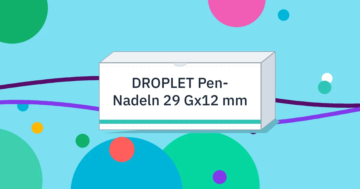 Symbolbild: Packung mit der Aufschrift DROPLET Pen-Nadeln 29 Gx12 mm (PZN 13900596) – Verfügbarkeit und Bezug in Apotheken in Frankfurt am Main