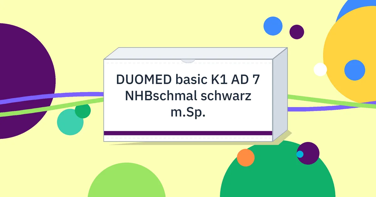 Symbolbild: Packung mit der Aufschrift DUOMED basic K1 AD 7 NHBschmal schwarz m.Sp. (PZN 20903833) – Verfügbarkeit und Bezug in Apotheken in Frankfurt am Main