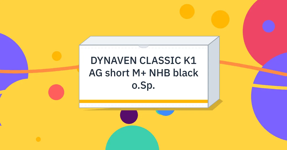 Symbolbild: Packung mit der Aufschrift DYNAVEN CLASSIC K1 AG short M+ NHB black o.Sp. (PZN 18415411) – Verfügbarkeit und Bezug in Apotheken in Frankfurt am Main
