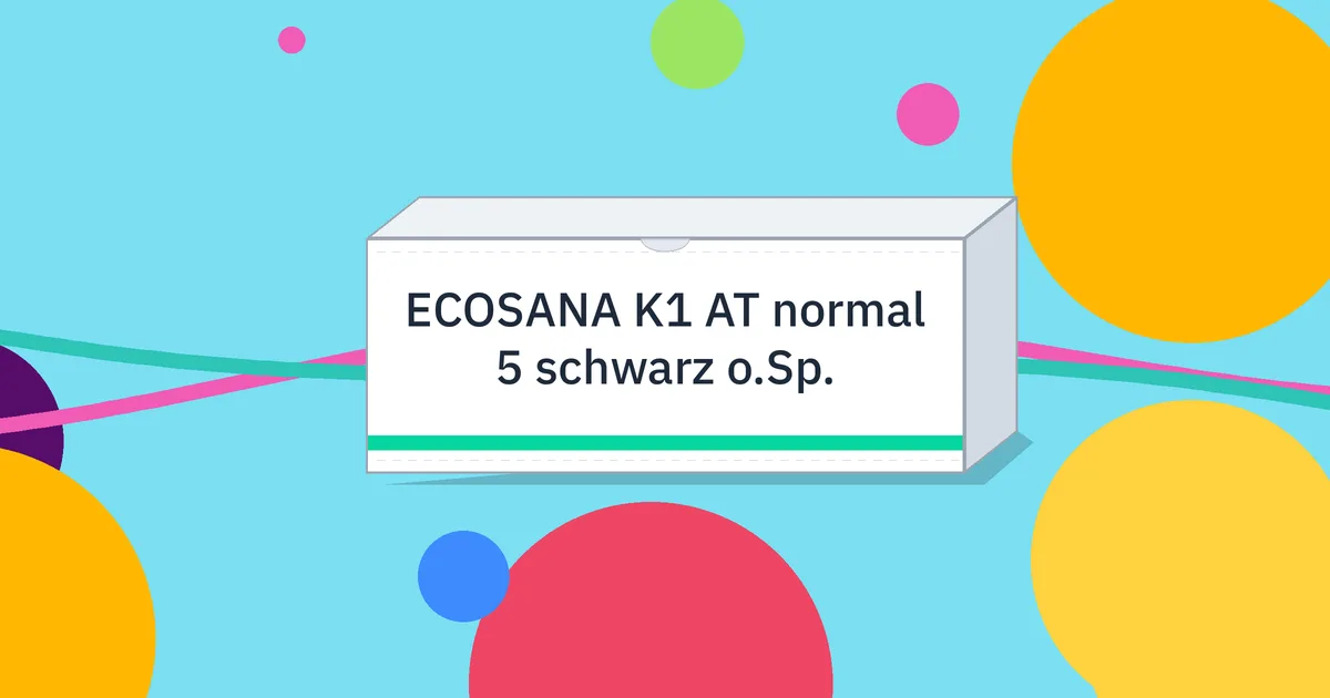 Symbolbild: Packung mit der Aufschrift ECOSANA K1 AT normal 5 schwarz o.Sp. (PZN 04731901) – Verfügbarkeit und Bezug in Apotheken in Frankfurt am Main