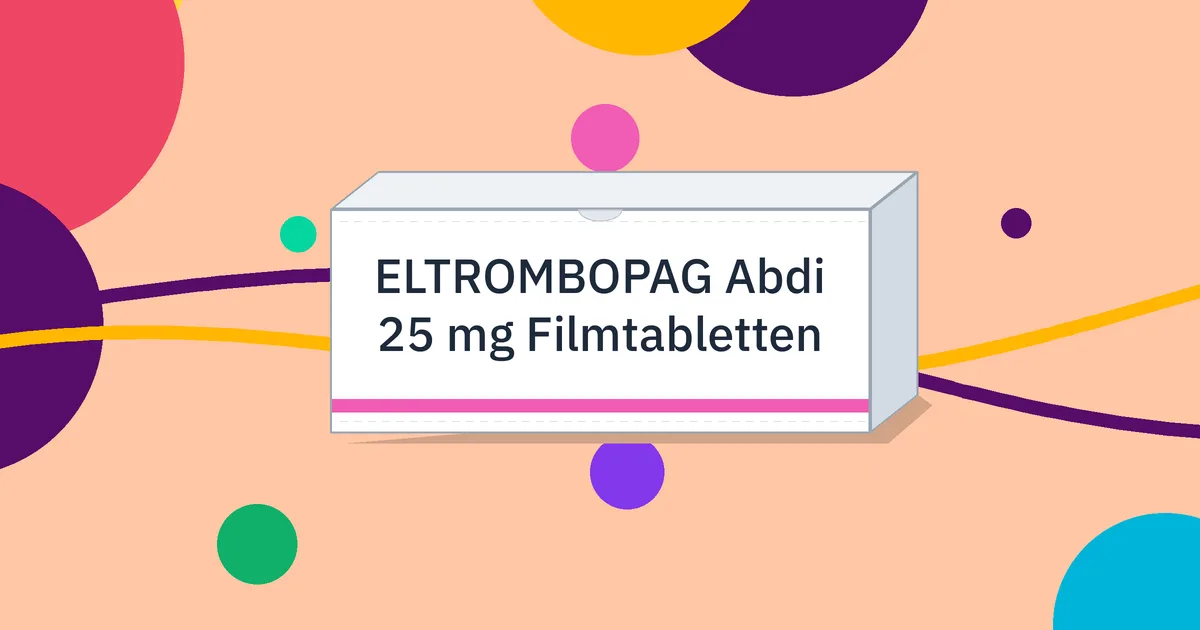 Symbolbild: Packung mit der Aufschrift ELTROMBOPAG Abdi 25 mg Filmtabletten (PZN 19918232) – Verfügbarkeit und Bezug in Apotheken in Frankfurt am Main