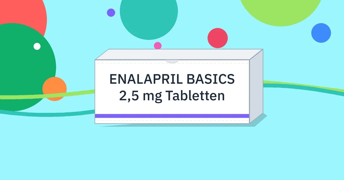 Symbolbild: Packung mit der Aufschrift ENALAPRIL BASICS 2,5 mg Tabletten (PZN 02236020) – Verfügbarkeit und Bezug in Apotheken in Frankfurt am Main