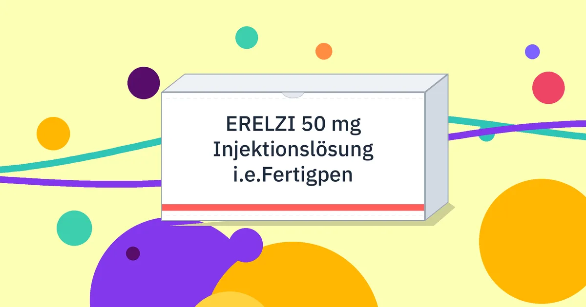 Symbolbild: Packung mit der Aufschrift ERELZI 50 mg Injektionslösung i.e.Fertigpen (PZN 16958024) – Verfügbarkeit und Bezug in Apotheken in Frankfurt am Main