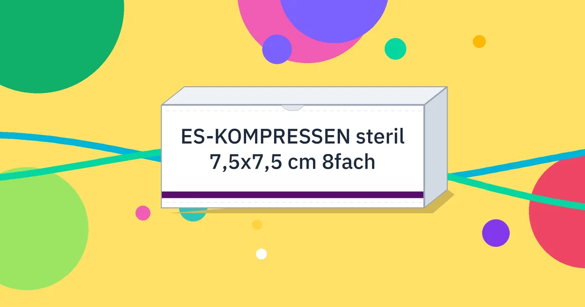 Symbolbild: Packung mit der Aufschrift ES-KOMPRESSEN steril 7,5x7,5 cm 8fach (PZN 10189949) – Verfügbarkeit und Bezug in Apotheken in Frankfurt am Main