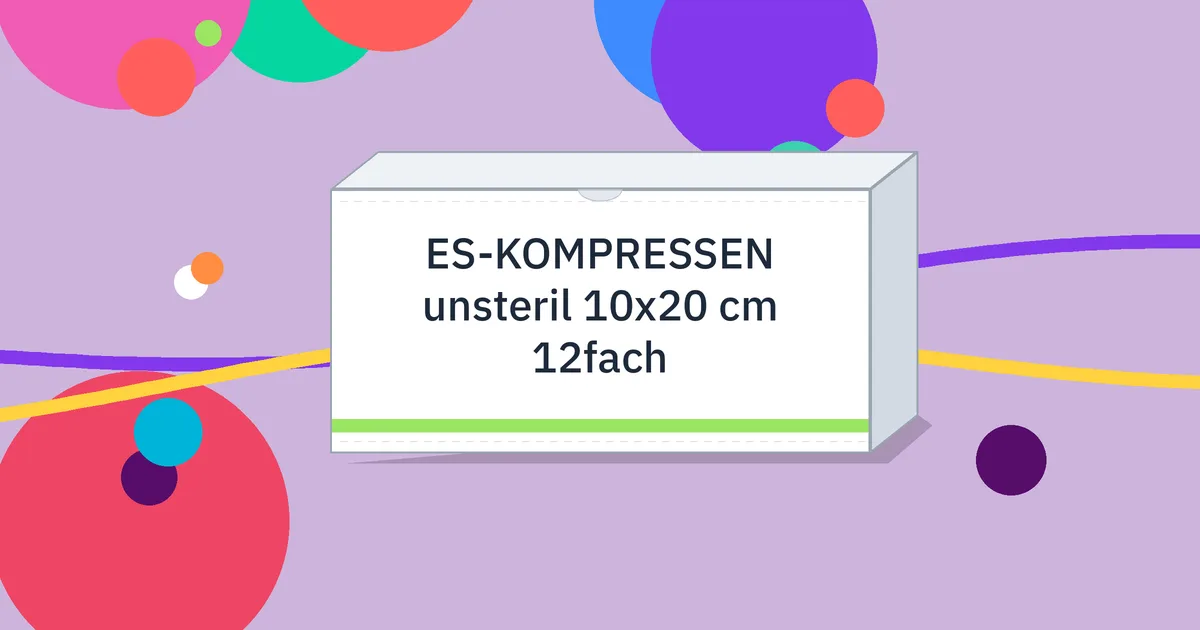 Symbolbild: Packung mit der Aufschrift ES-KOMPRESSEN unsteril 10x20 cm 12fach (PZN 20599223) – Verfügbarkeit und Bezug in Apotheken in Frankfurt am Main
