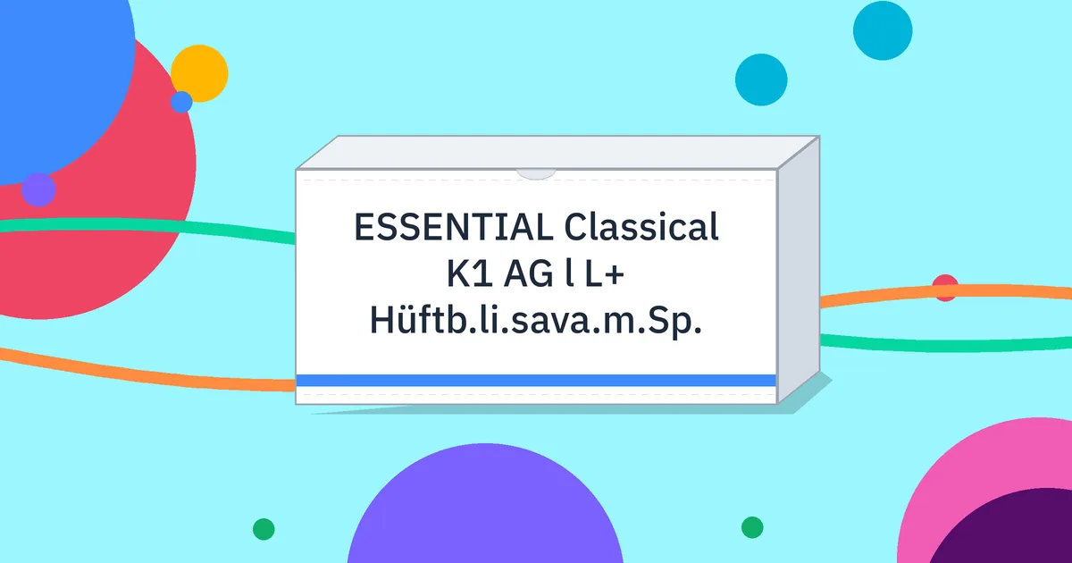 Symbolbild: Packung mit der Aufschrift ESSENTIAL Classical K1 AG l L+ Hüftb.li.sava.m.Sp. (PZN 17012800) – Verfügbarkeit und Bezug in Apotheken in Frankfurt am Main