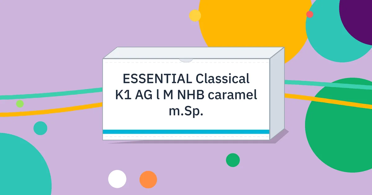 Symbolbild: Packung mit der Aufschrift ESSENTIAL Classical K1 AG l M NHB caramel m.Sp. (PZN 17009838) – Verfügbarkeit und Bezug in Apotheken in Frankfurt am Main