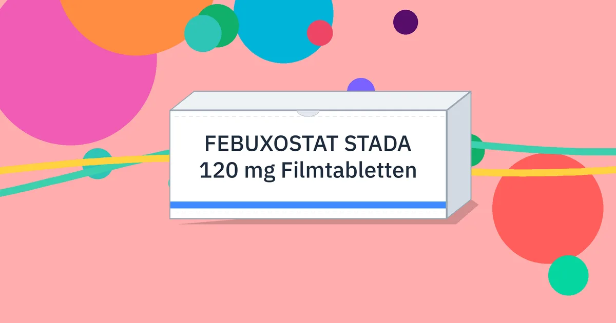 Symbolbild: Packung mit der Aufschrift FEBUXOSTAT STADA 120 mg Filmtabletten (PZN 16395650) – Verfügbarkeit und Bezug in Apotheken in Frankfurt am Main