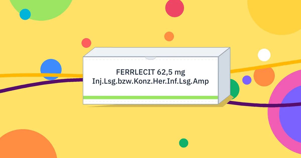 Symbolbild: Packung mit der Aufschrift FERRLECIT 62,5 mg Inj.Lsg.bzw.Konz.Her.Inf.Lsg.Amp (PZN 00021628) – Verfügbarkeit und Bezug in Apotheken in Frankfurt am Main