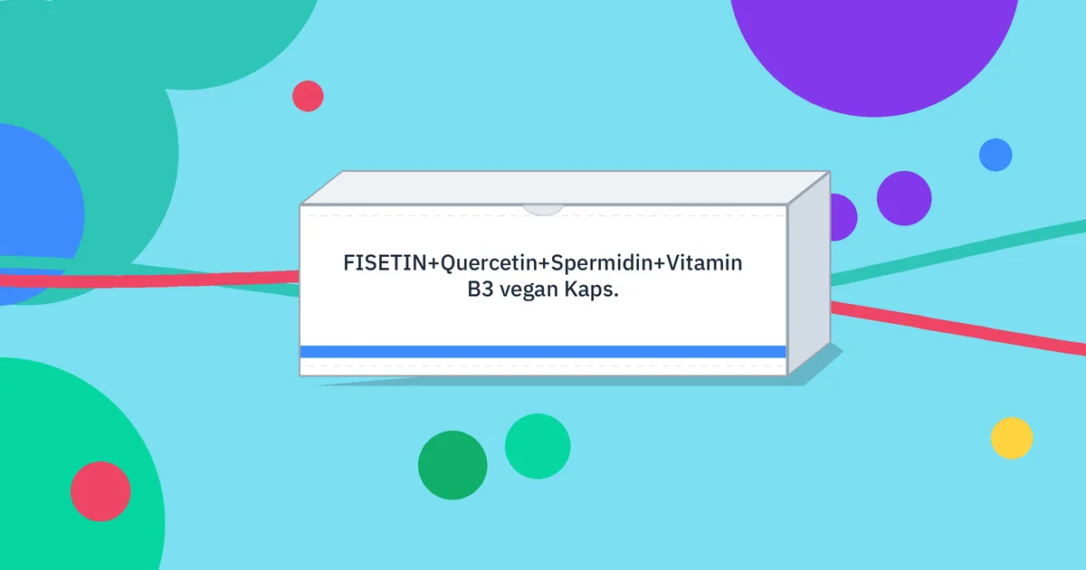 Symbolbild: Packung mit der Aufschrift FISETIN+Quercetin+Spermidin+Vitamin B3 vegan Kaps. (PZN 20127116) – Verfügbarkeit und Bezug in Apotheken in Frankfurt am Main