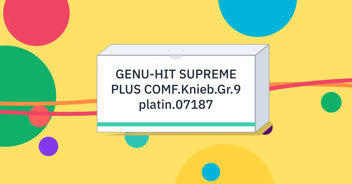 Symbolbild: Packung mit der Aufschrift GENU-HIT SUPREME PLUS COMF.Knieb.Gr.9 platin.07187 (PZN 18181485) – Verfügbarkeit und Bezug in Apotheken in Frankfurt am Main