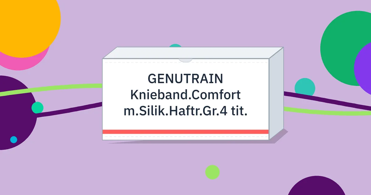 Symbolbild: Packung mit der Aufschrift GENUTRAIN Knieband.Comfort m.Silik.Haftr.Gr.4 tit. (PZN 12517263) – Verfügbarkeit und Bezug in Apotheken in Frankfurt am Main