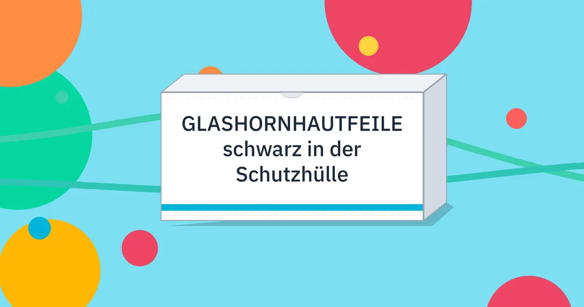 Symbolbild: Packung mit der Aufschrift GLASHORNHAUTFEILE schwarz in der Schutzhülle (PZN 12460149) – Verfügbarkeit und Bezug in Apotheken in Frankfurt am Main