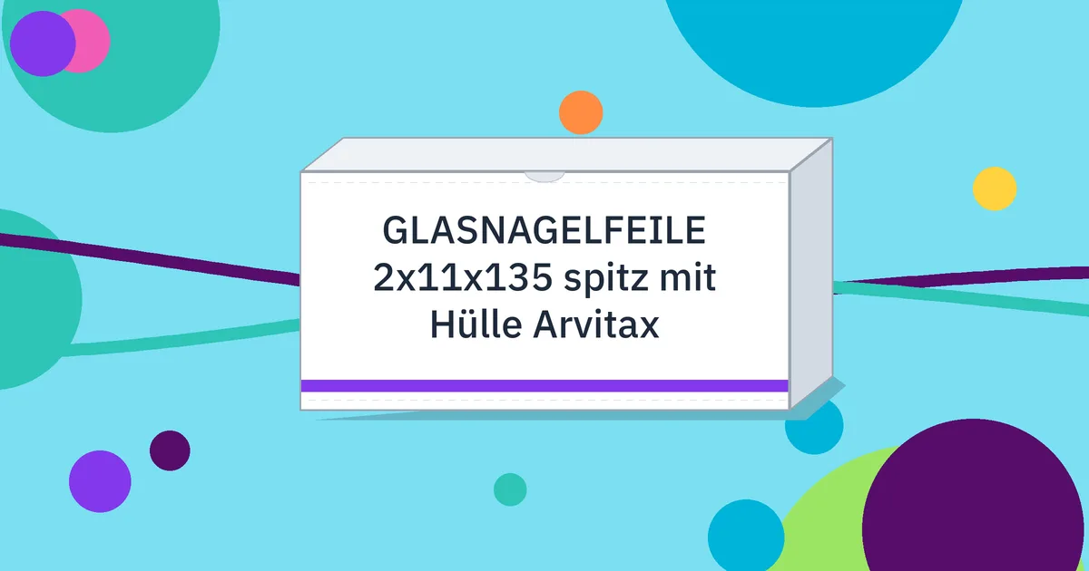 Symbolbild: Packung mit der Aufschrift GLASNAGELFEILE 2x11x135 spitz mit Hülle Arvitax (PZN 03716377) – Verfügbarkeit und Bezug in Apotheken in Frankfurt am Main