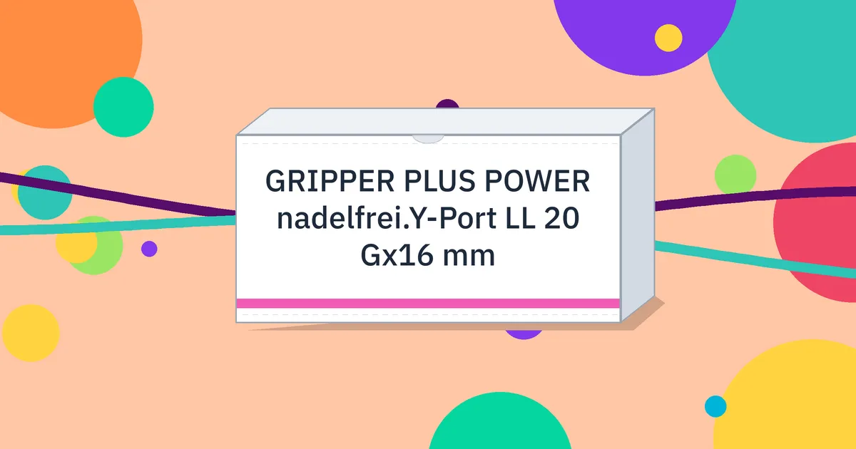 Symbolbild: Packung mit der Aufschrift GRIPPER PLUS POWER nadelfrei.Y-Port LL 20 Gx16 mm (PZN 09675780) – Verfügbarkeit und Bezug in Apotheken in Frankfurt am Main