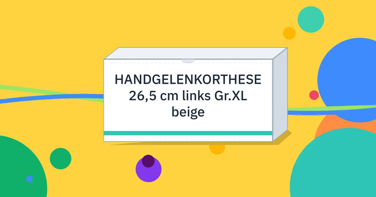 Symbolbild: Packung mit der Aufschrift HANDGELENKORTHESE 26,5 cm links Gr.XL beige (PZN 03388772) – Verfügbarkeit und Bezug in Apotheken in Frankfurt am Main