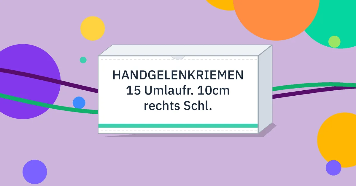 Symbolbild: Packung mit der Aufschrift HANDGELENKRIEMEN 15 Umlaufr. 10cm rechts Schl. (PZN 01962942) – Verfügbarkeit und Bezug in Apotheken in Frankfurt am Main