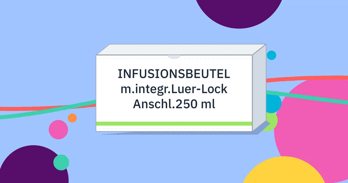 Symbolbild: Packung mit der Aufschrift INFUSIONSBEUTEL m.integr.Luer-Lock Anschl.250 ml (PZN 19986363) – Verfügbarkeit und Bezug in Apotheken in Frankfurt am Main
