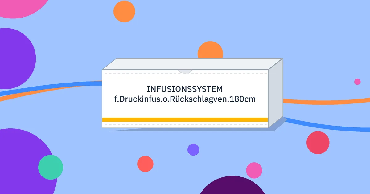 Symbolbild: Packung mit der Aufschrift INFUSIONSSYSTEM f.Druckinfus.o.Rückschlagven.180cm (PZN 15246327) – Verfügbarkeit und Bezug in Apotheken in Frankfurt am Main