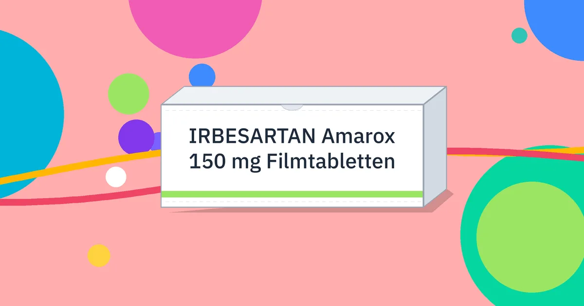 Symbolbild: Packung mit der Aufschrift IRBESARTAN Amarox 150 mg Filmtabletten (PZN 18660398) – Verfügbarkeit und Bezug in Apotheken in Frankfurt am Main