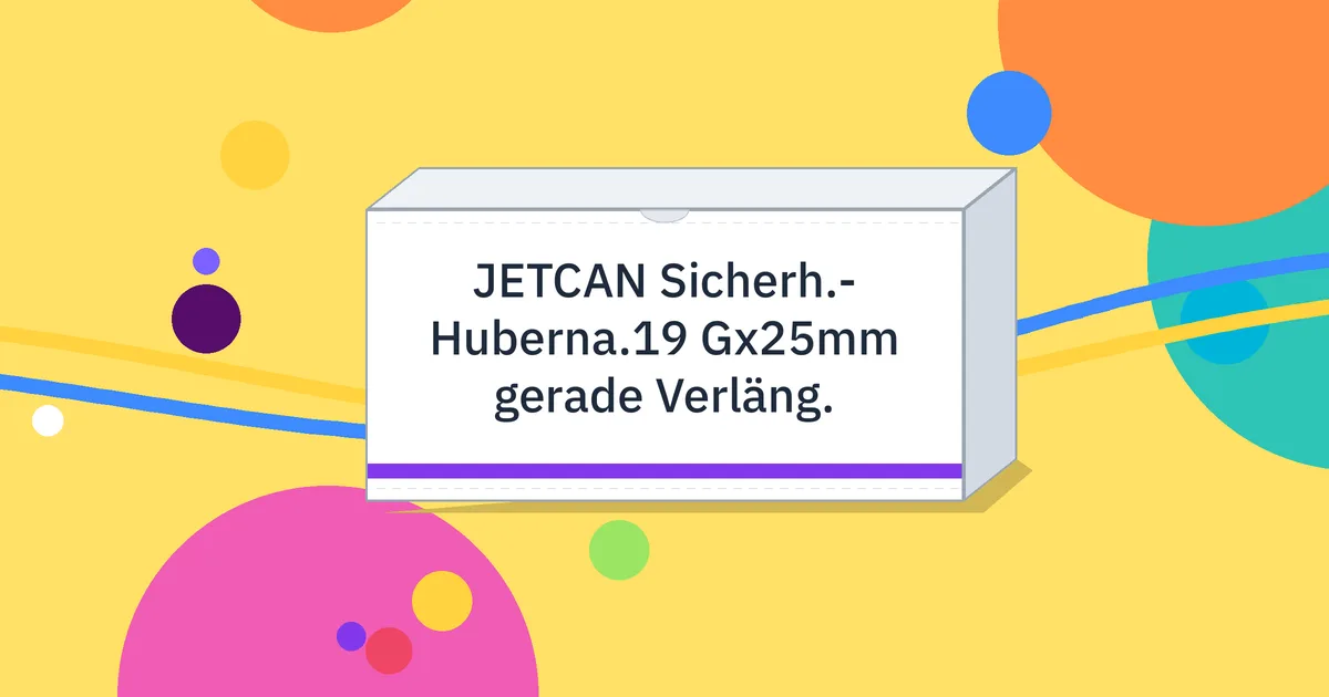 Symbolbild: Packung mit der Aufschrift JETCAN Sicherh.-Huberna.19 Gx25mm gerade Verläng. (PZN 20836048) – Verfügbarkeit und Bezug in Apotheken in Frankfurt am Main