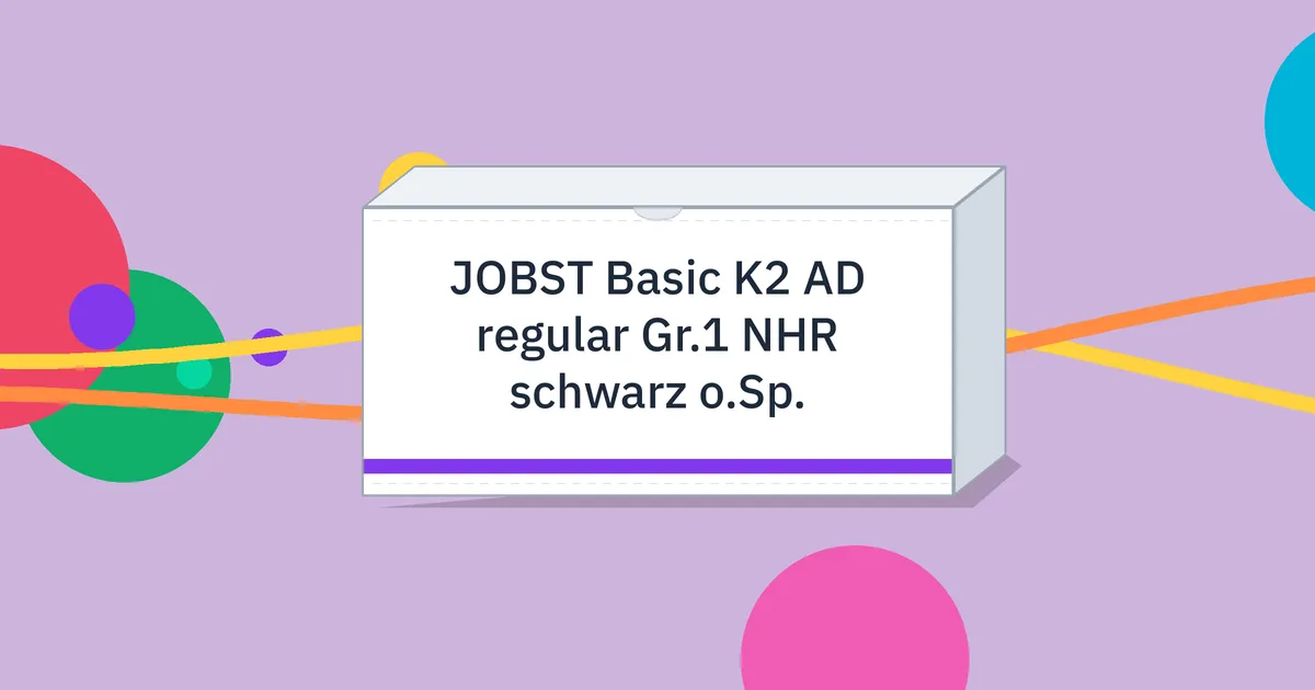 Symbolbild: Packung mit der Aufschrift JOBST Basic K2 AD regular Gr.1 NHR schwarz o.Sp. (PZN 15313035) – Verfügbarkeit und Bezug in Apotheken in Frankfurt am Main