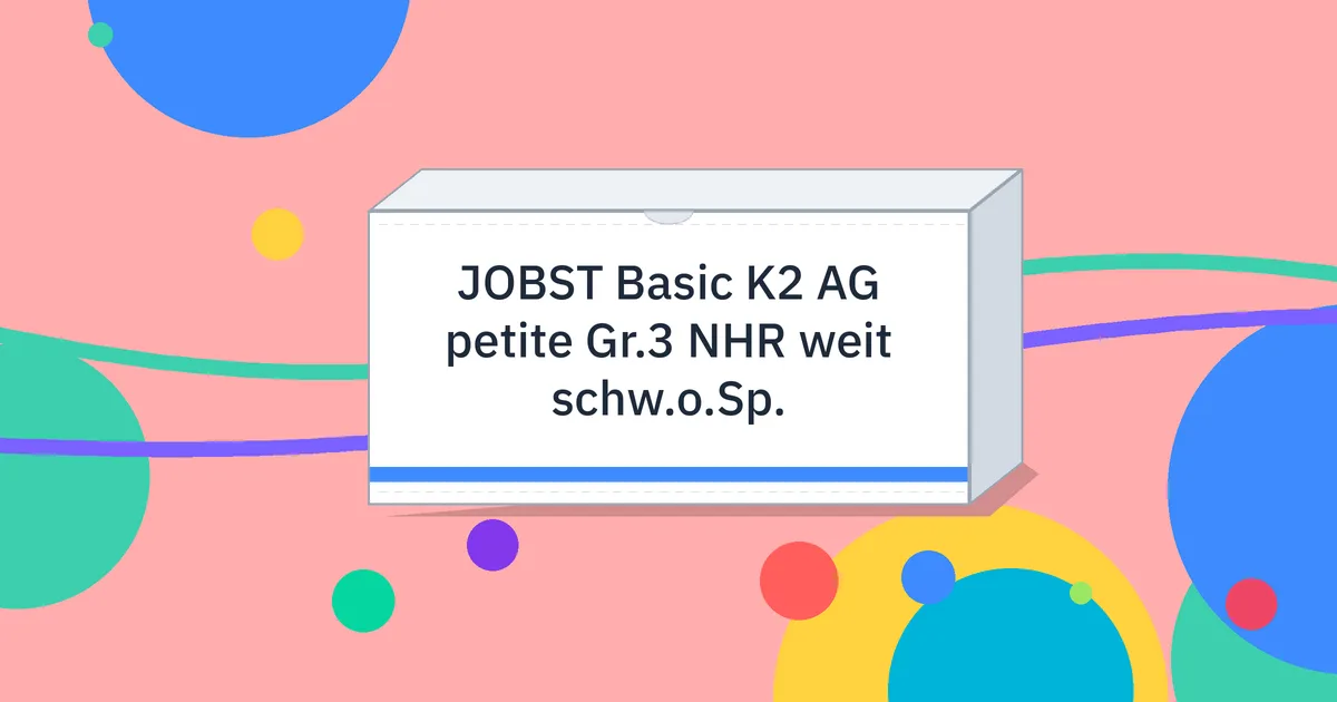 Symbolbild: Packung mit der Aufschrift JOBST Basic K2 AG petite Gr.3 NHR weit schw.o.Sp. (PZN 15311415) – Verfügbarkeit und Bezug in Apotheken in Frankfurt am Main