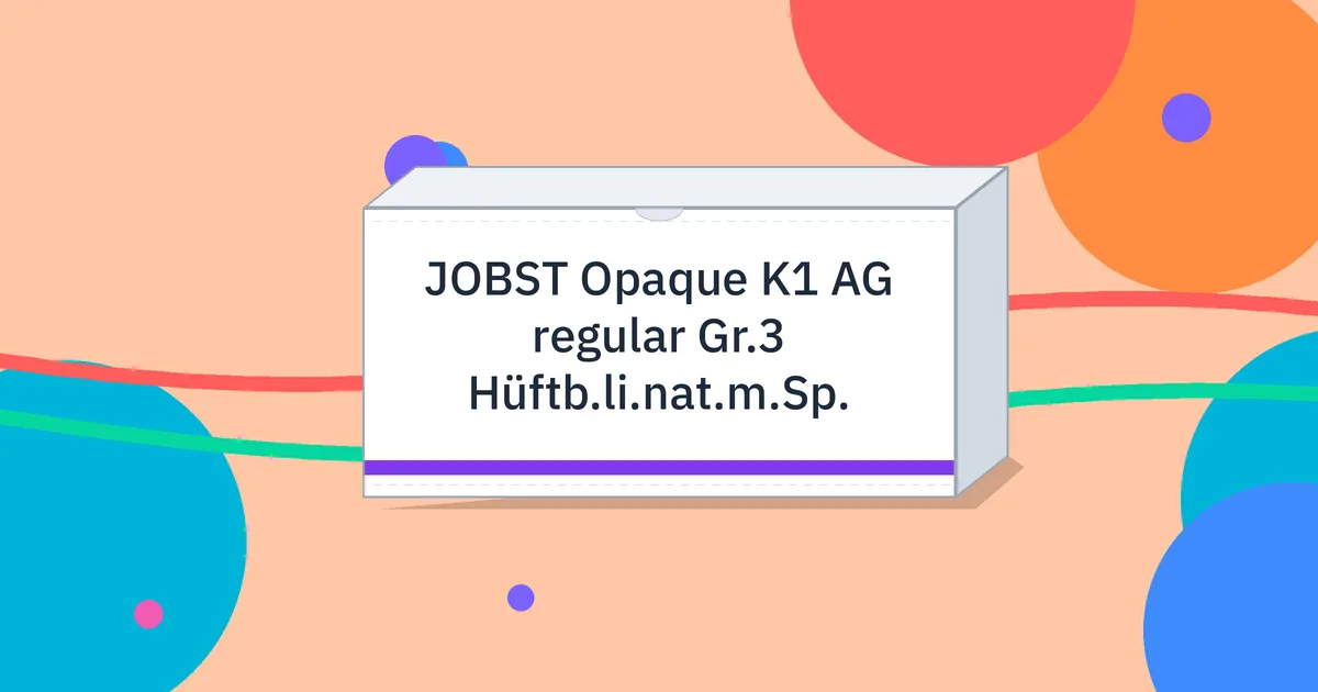 Symbolbild: Packung mit der Aufschrift JOBST Opaque K1 AG regular Gr.3 Hüftb.li.nat.m.Sp. (PZN 13099827) – Verfügbarkeit und Bezug in Apotheken in Frankfurt am Main