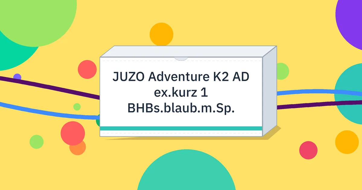 Symbolbild: Packung mit der Aufschrift JUZO Adventure K2 AD ex.kurz 1 BHBs.blaub.m.Sp. (PZN 16345793) – Verfügbarkeit und Bezug in Apotheken in Frankfurt am Main