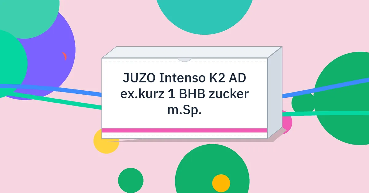 Symbolbild: Packung mit der Aufschrift JUZO Intenso K2 AD ex.kurz 1 BHB zucker m.Sp. (PZN 18614820) – Verfügbarkeit und Bezug in Apotheken in Frankfurt am Main