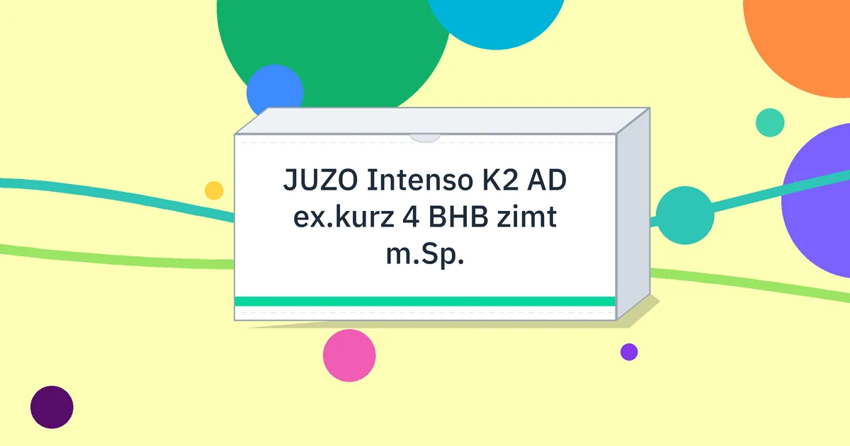 Symbolbild: Packung mit der Aufschrift JUZO Intenso K2 AD ex.kurz 4 BHB zimt m.Sp. (PZN 18615015) – Verfügbarkeit und Bezug in Apotheken in Frankfurt am Main