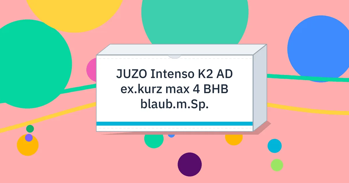 Symbolbild: Packung mit der Aufschrift JUZO Intenso K2 AD ex.kurz max 4 BHB blaub.m.Sp. (PZN 18613973) – Verfügbarkeit und Bezug in Apotheken in Frankfurt am Main