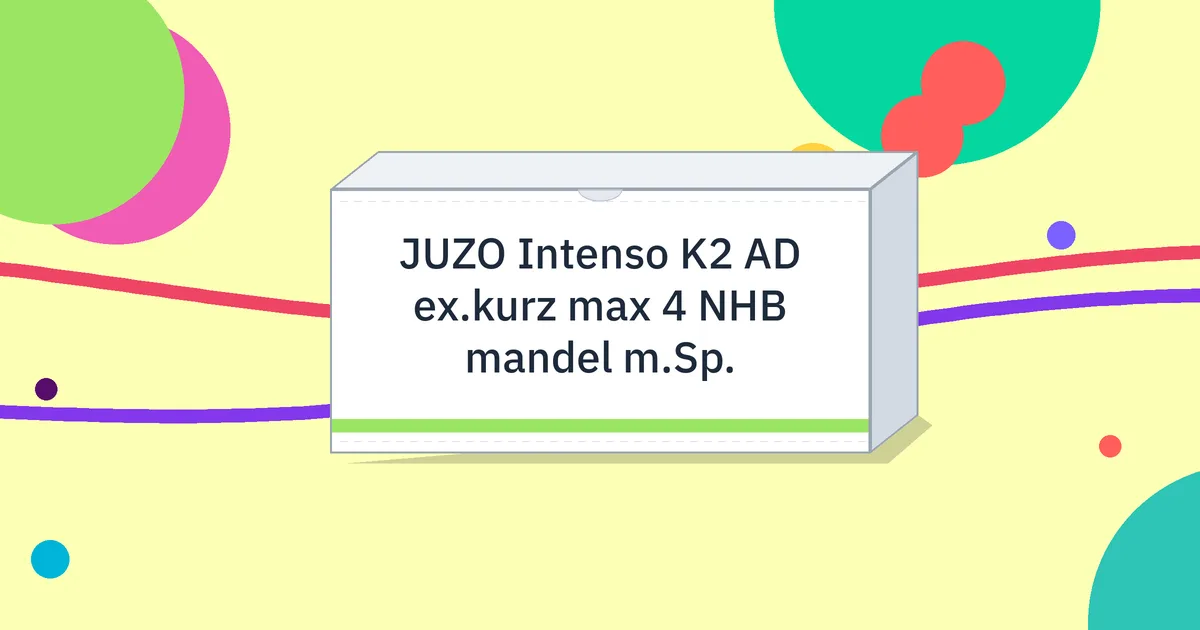 Symbolbild: Packung mit der Aufschrift JUZO Intenso K2 AD ex.kurz max 4 NHB mandel m.Sp. (PZN 18610532) – Verfügbarkeit und Bezug in Apotheken in Frankfurt am Main