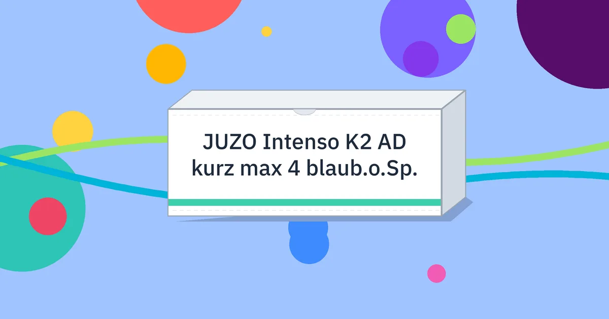 Symbolbild: Packung mit der Aufschrift JUZO Intenso K2 AD kurz max 4 blaub.o.Sp. (PZN 18619266) – Verfügbarkeit und Bezug in Apotheken in Frankfurt am Main