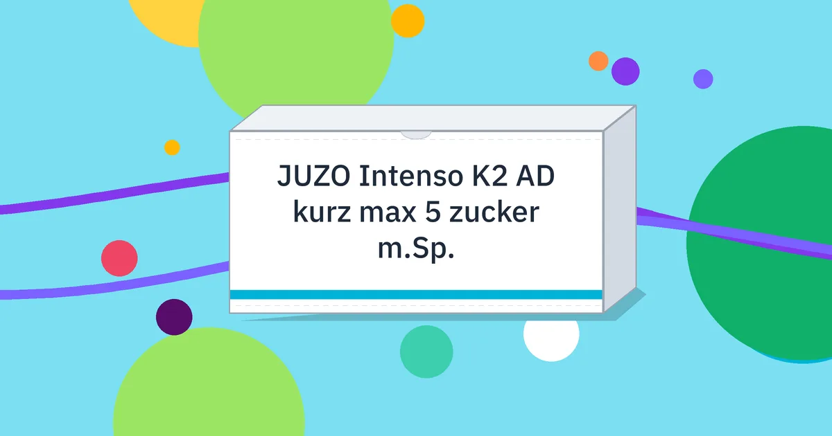 Symbolbild: Packung mit der Aufschrift JUZO Intenso K2 AD kurz max 5 zucker m.Sp. (PZN 18608446) – Verfügbarkeit und Bezug in Apotheken in Frankfurt am Main