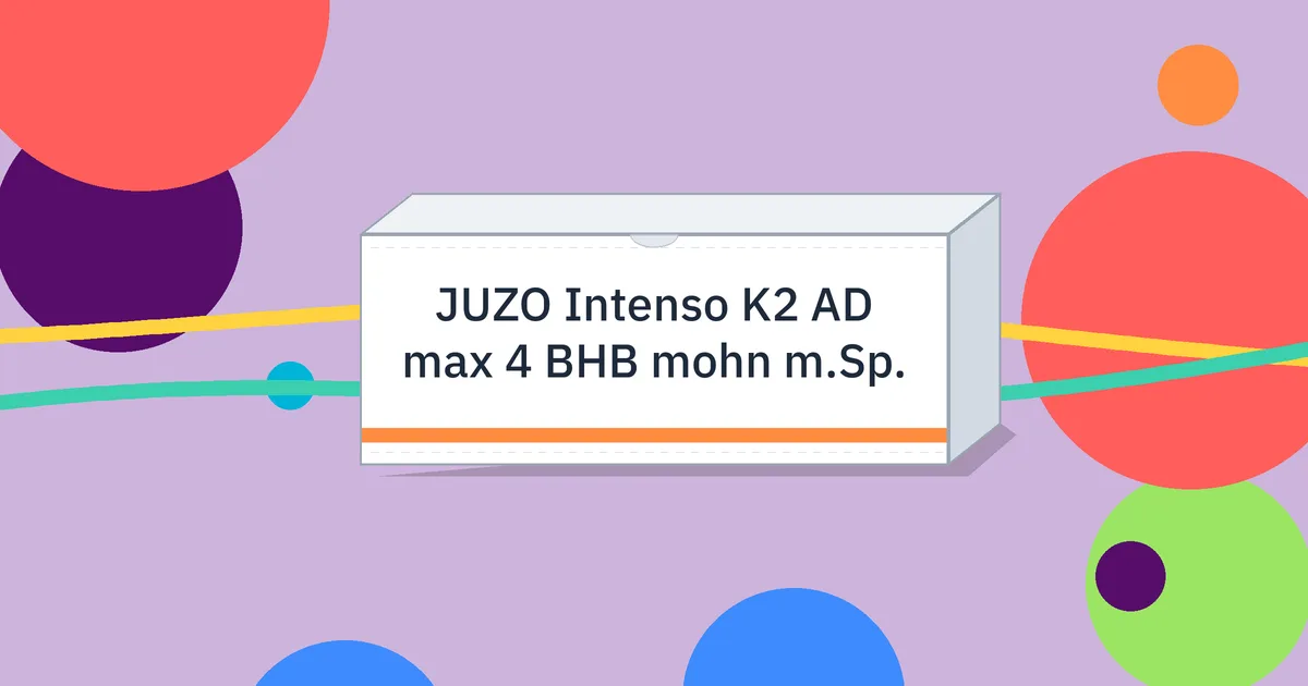 Symbolbild: Packung mit der Aufschrift JUZO Intenso K2 AD max 4 BHB mohn m.Sp. (PZN 18616500) – Verfügbarkeit und Bezug in Apotheken in Frankfurt am Main