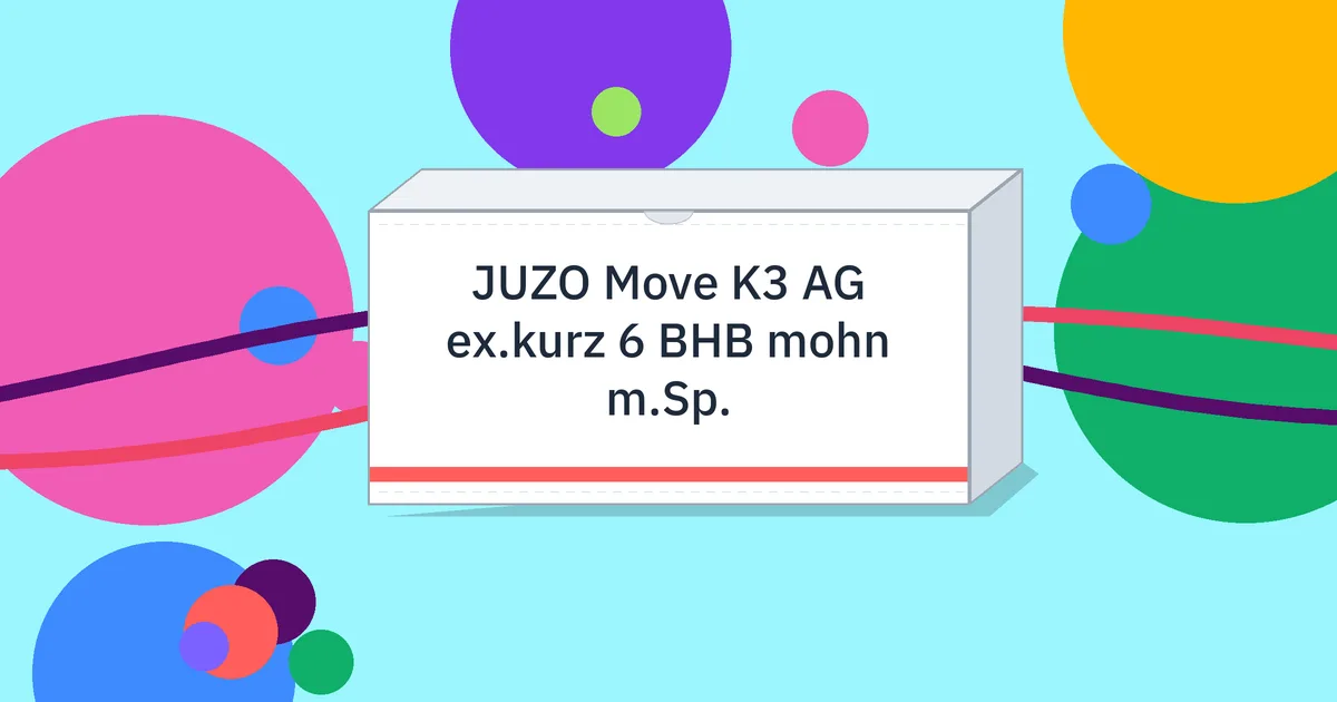 Symbolbild: Packung mit der Aufschrift JUZO Move K3 AG ex.kurz 6 BHB mohn m.Sp. (PZN 18595494) – Verfügbarkeit und Bezug in Apotheken in Frankfurt am Main