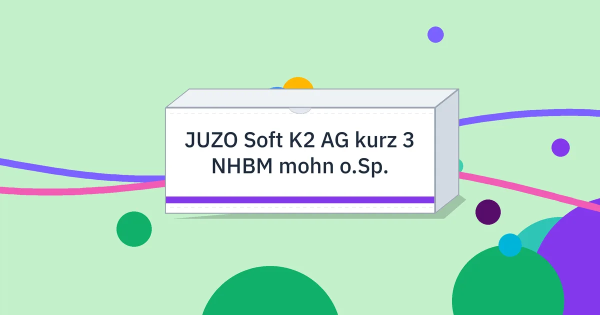 Symbolbild: Packung mit der Aufschrift JUZO Soft K2 AG kurz 3 NHBM mohn o.Sp. (PZN 14997511) – Verfügbarkeit und Bezug in Apotheken in Frankfurt am Main