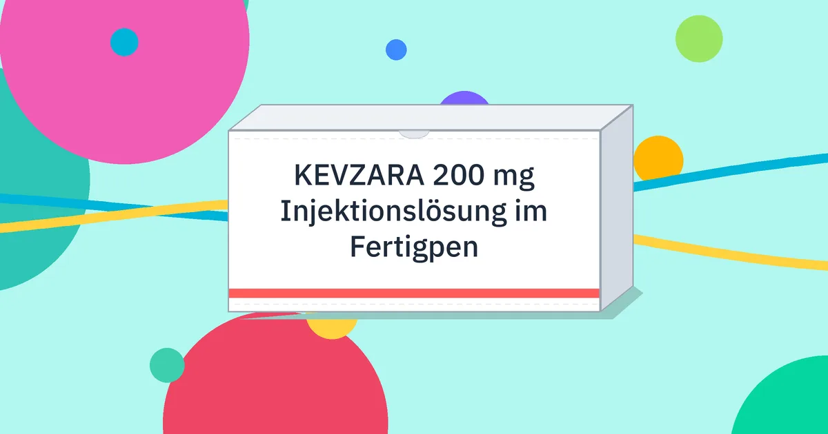 Symbolbild: Packung mit der Aufschrift KEVZARA 200 mg Injektionslösung im Fertigpen (PZN 17755926) – Verfügbarkeit und Bezug in Apotheken in Frankfurt am Main