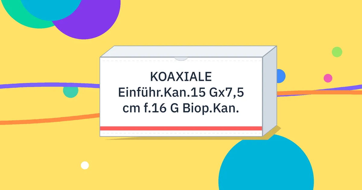 Symbolbild: Packung mit der Aufschrift KOAXIALE Einführ.Kan.15 Gx7,5 cm f.16 G Biop.Kan. (PZN 06124849) – Verfügbarkeit und Bezug in Apotheken in Frankfurt am Main