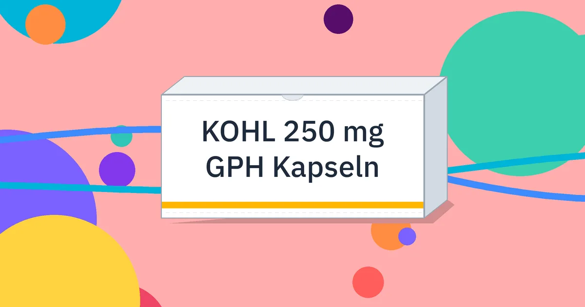 Symbolbild: Packung mit der Aufschrift KOHL 250 mg GPH Kapseln (PZN 00954573) – Verfügbarkeit und Bezug in Apotheken in Frankfurt am Main