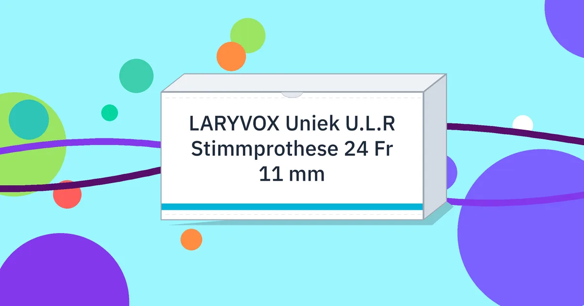 Symbolbild: Packung mit der Aufschrift LARYVOX Uniek U.L.R Stimmprothese 24 Fr 11 mm (PZN 18791479) – Verfügbarkeit und Bezug in Apotheken in Frankfurt am Main