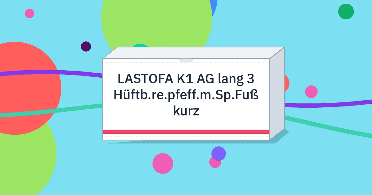 Symbolbild: Packung mit der Aufschrift LASTOFA K1 AG lang 3 Hüftb.re.pfeff.m.Sp.Fuß kurz (PZN 13798212) – Verfügbarkeit und Bezug in Apotheken in Frankfurt am Main