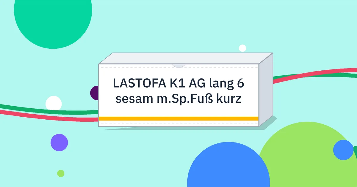 Symbolbild: Packung mit der Aufschrift LASTOFA K1 AG lang 6 sesam m.Sp.Fuß kurz (PZN 13794510) – Verfügbarkeit und Bezug in Apotheken in Frankfurt am Main
